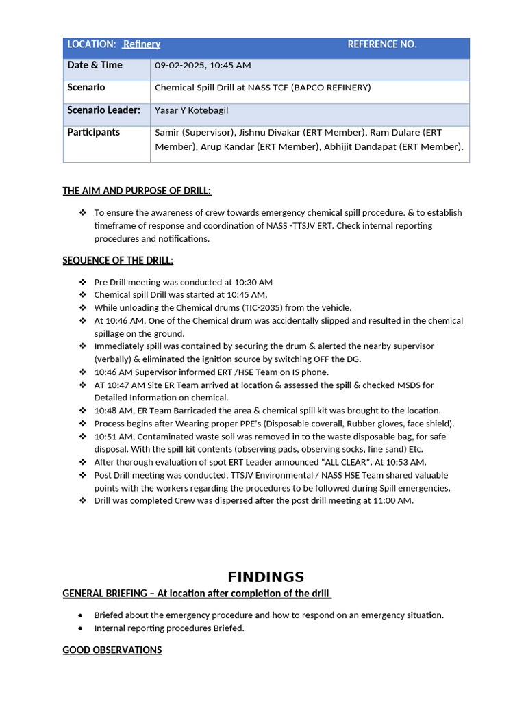 Chemical Spill Drill Report - BAPCO Refinery | PDF | Occupational ...