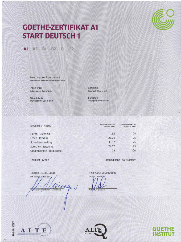 German Language Certificate A1 - Organized | PDF