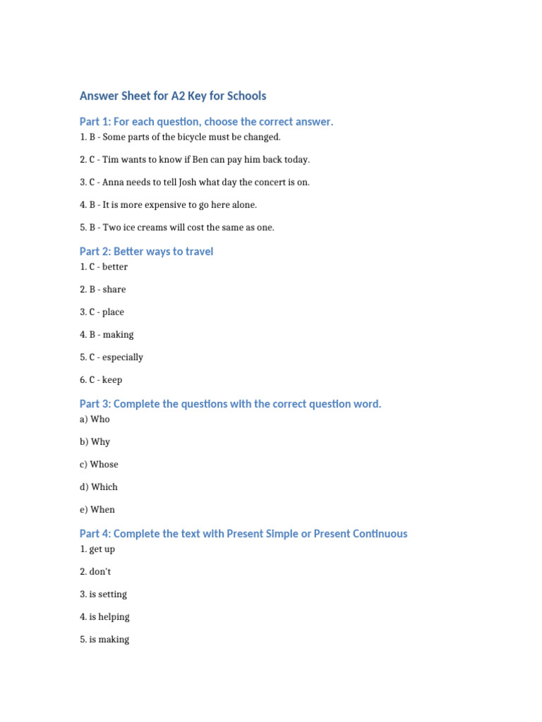 A2 Key for Schools Answer Sheet | PDF