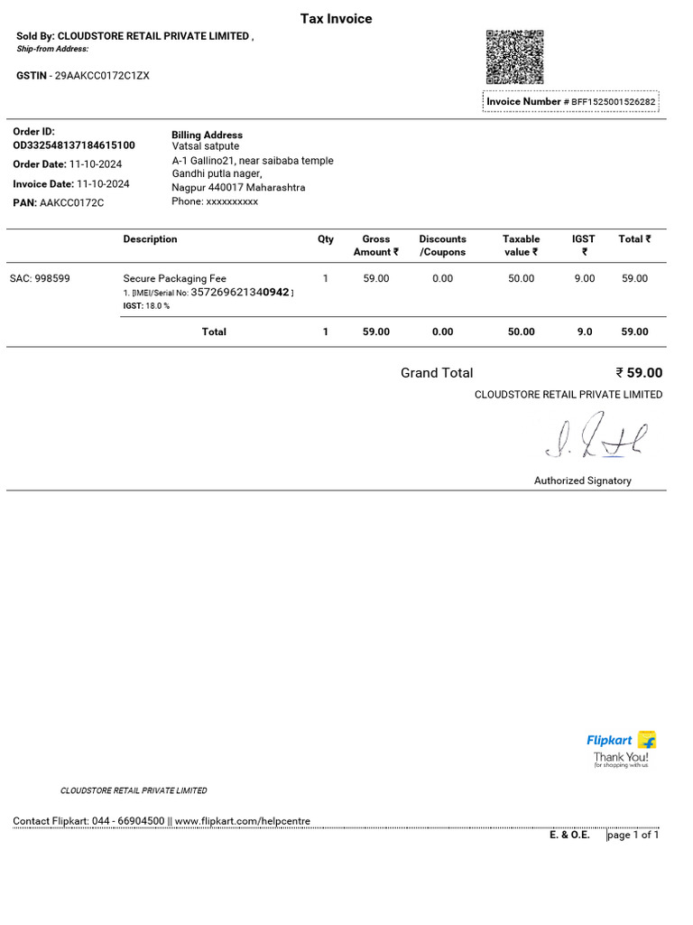 Tax Invoice for Samsung Tab A9 Purchase | PDF