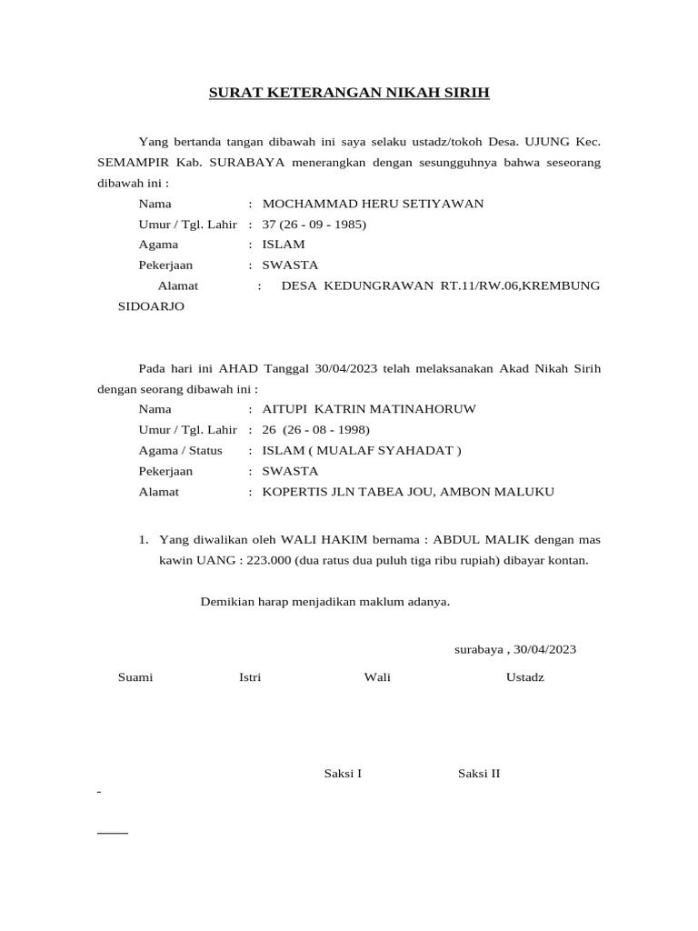 Surat Keterangan Nikah Sirih 2023 | PDF
