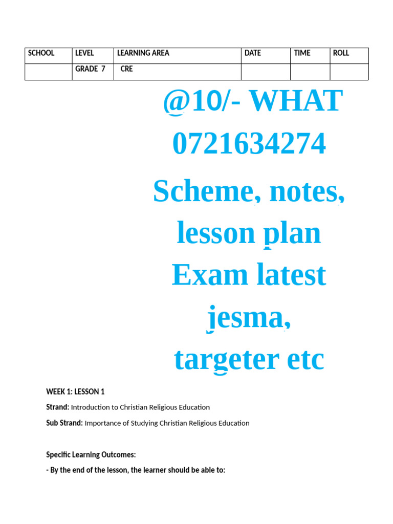 Grade 7 Rationalized CRE Lesson Plans Term 1 | PDF | Learning | Genesis ...