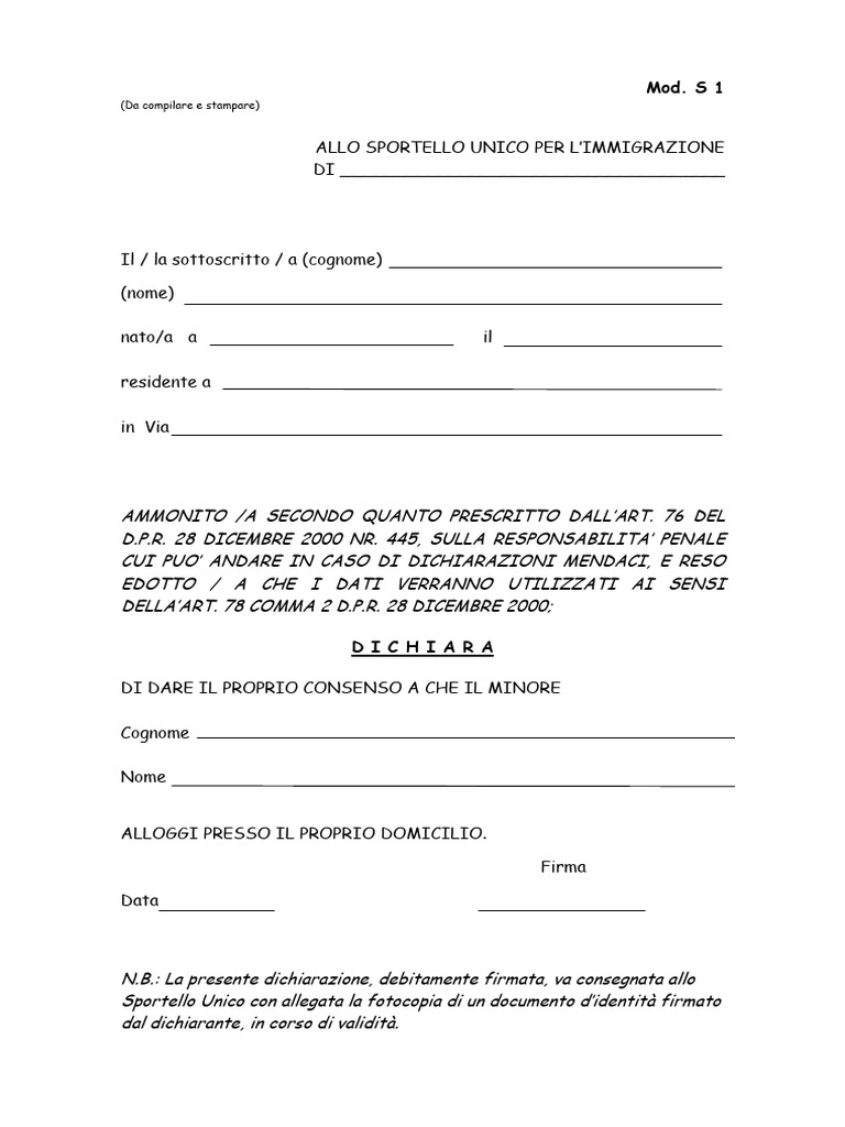 Modello s1 Ricongiungimento Familiare | PDF