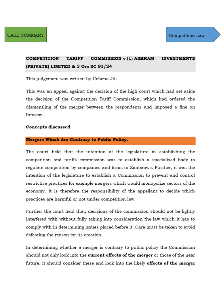 Competition Law - Competition Tariff Commission V Ashrman Investments ...