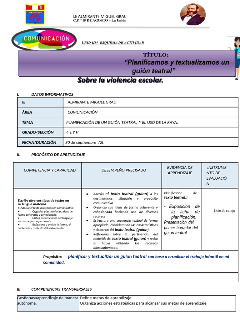 SESION 6 PLANIFICAMOS Y TEXTUALIZAMOS UN GUIÓN TEATRAL SOBRE VIOLENCIA ...
