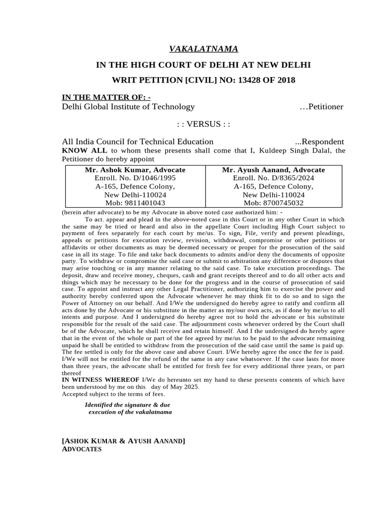 WP Vakalatnama HC Ashok Kumar | PDF | Advocate | Prosecutor