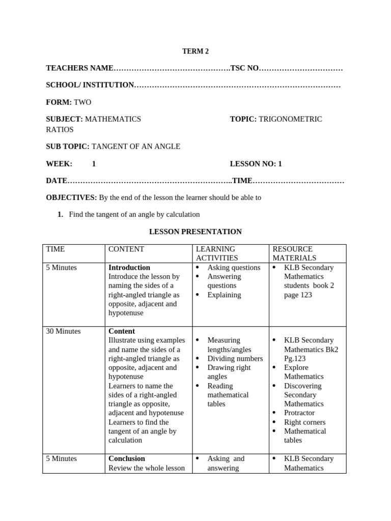 0721634274 Form 2 Klb Mathematics Lesson Plans Term 2 | PDF ...