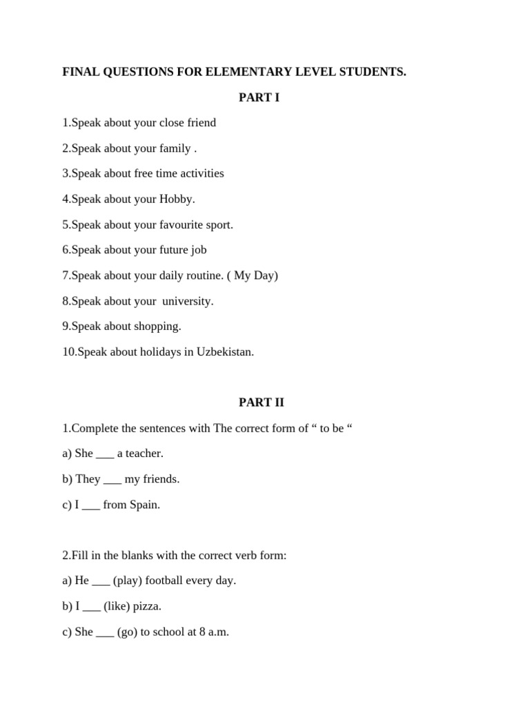 Final Exam Questions For Elementary Level | PDF | Linguistics | Morphology