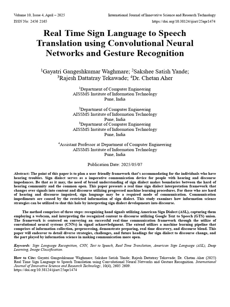 Real-Time Sign Language To Speech Translation Using Convolutional Neural Networks and Gesture ...