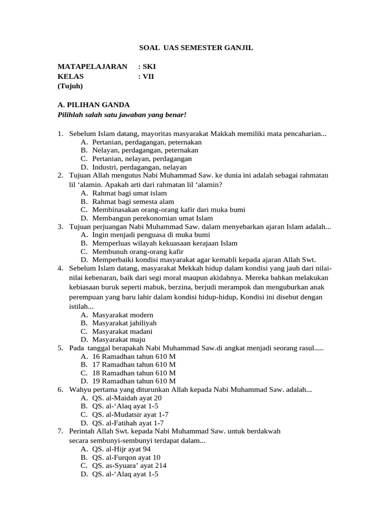 Soal Uas Semester Ganjil Matapelajaran: Ski Kelas: Vii (Tujuh) A. Pilihan Ganda | PDF
