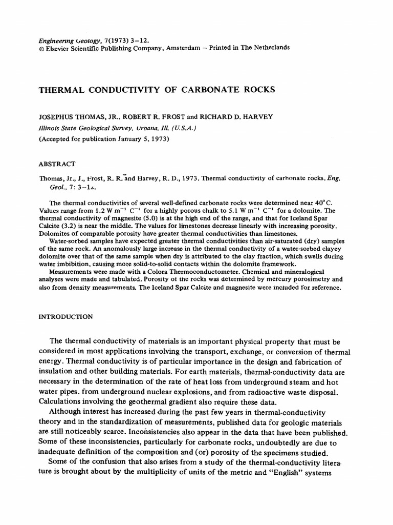 1973 Thermal Conductivity of Carbonate Rocks | PDF | Porosity | Limestone