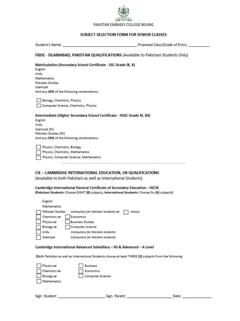 Subject Selection Form For Pakistan Embassy College Beijing | PDF