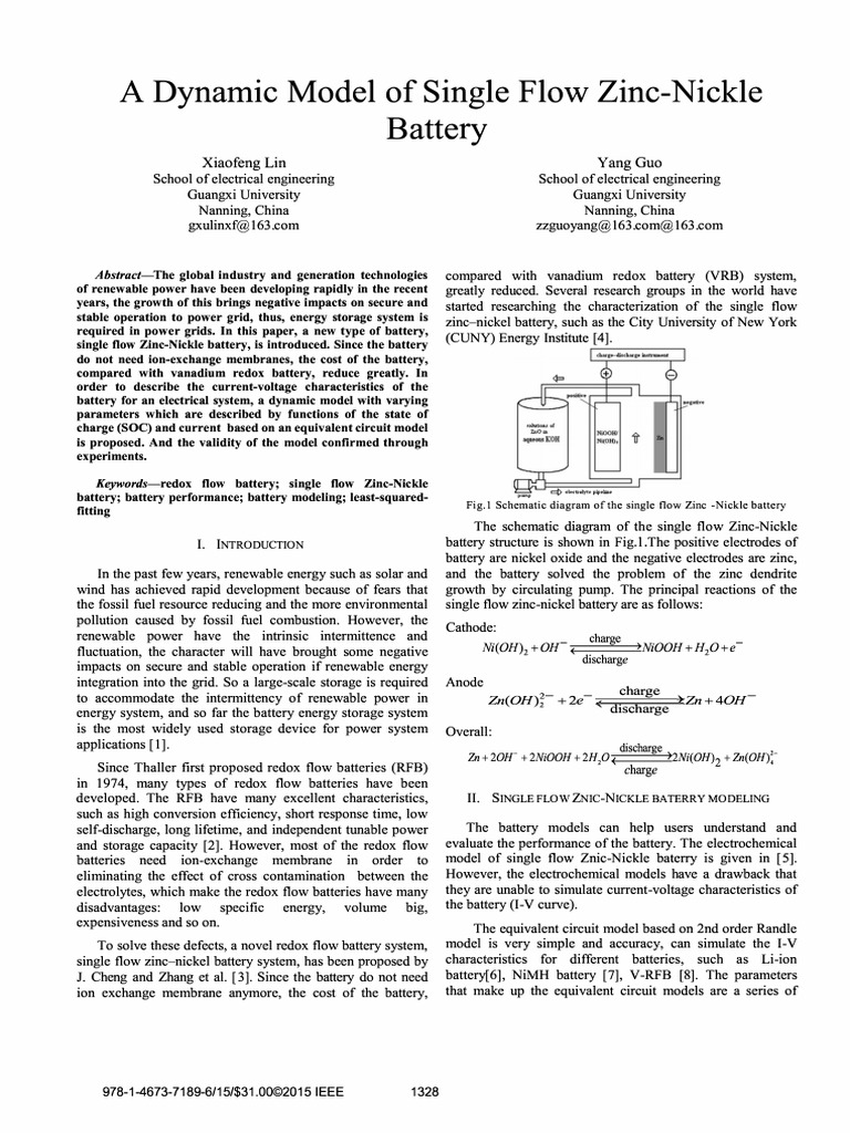 A Dynamic Model of Single Flow Zinc-Nickle Battery | PDF | Electrode ...