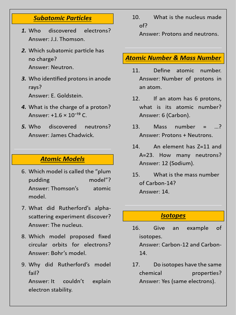 Structure of Atom 100 One Liners | PDF | Atoms | Atomic Nucleus