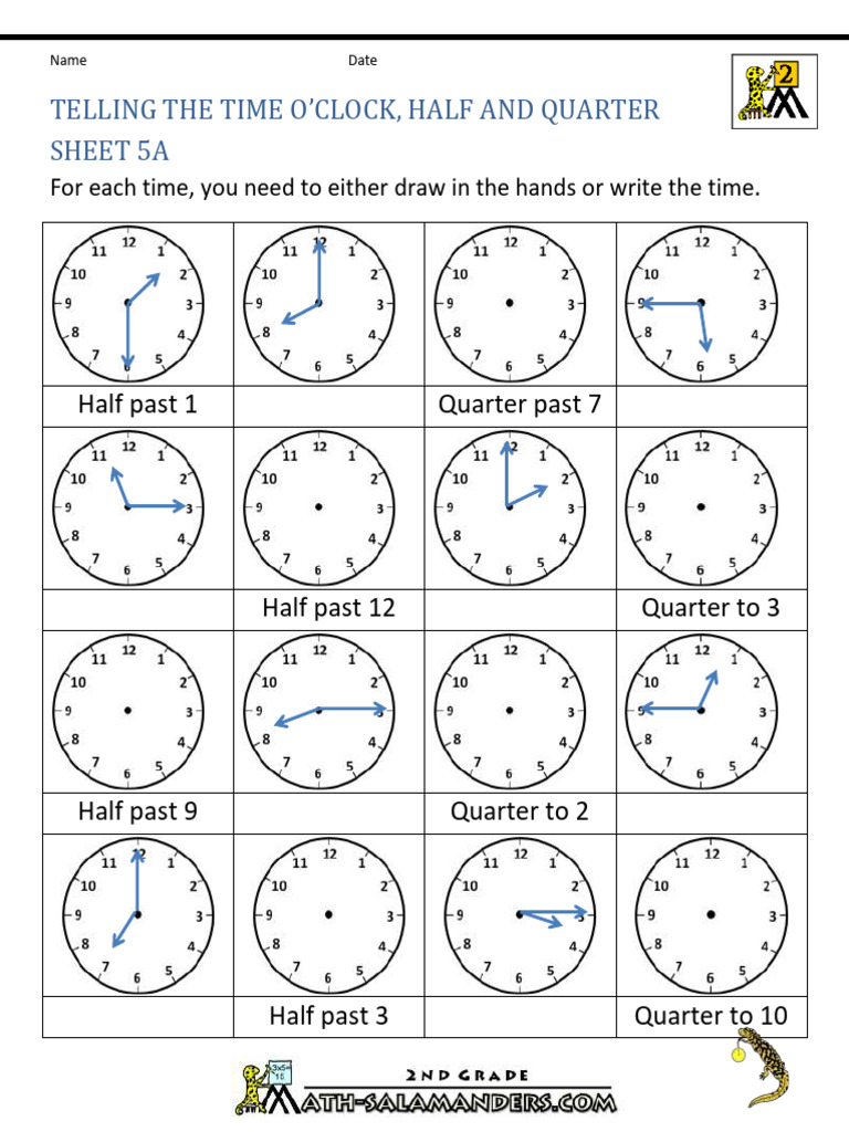 Telling The Time Oclock Half Quarter 5a | PDF