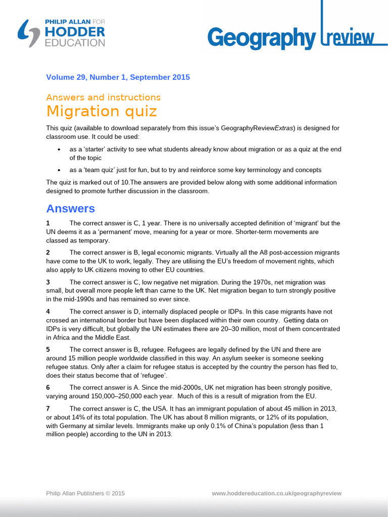 GeographyReview29 1 Migration Answers | PDF | Human Migration | Immigration
