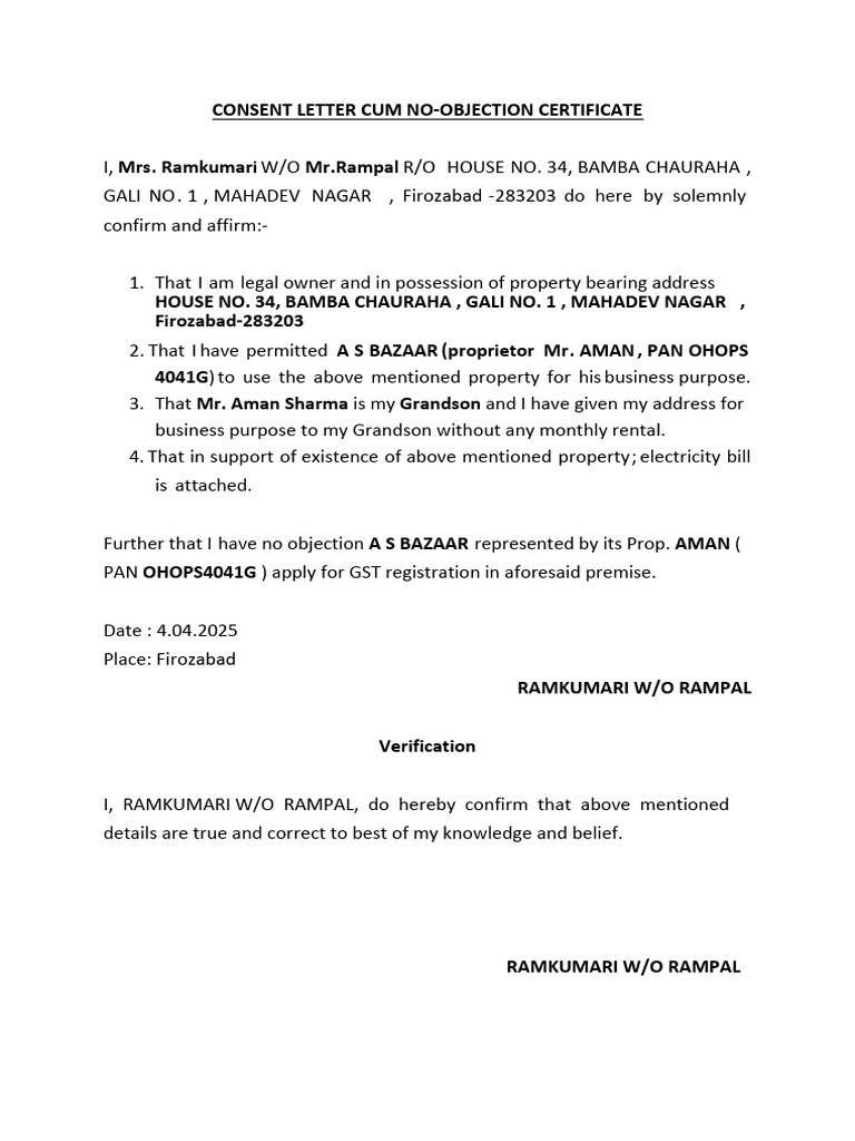 NOC for GST Registration by House Owner | PDF