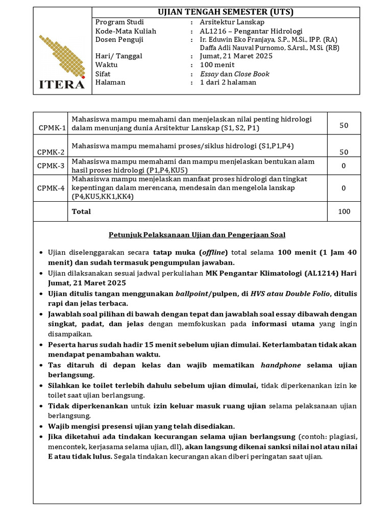 RA, RB - Validasi Soal UTS - MK Pengantar Hidrologi Genap TA 2024-2025 | PDF