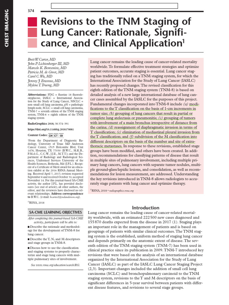 Revisions To The TNM Staging of | PDF | Metastasis | Lung Cancer
