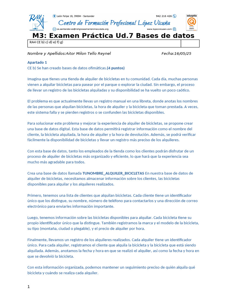 2504 - Examen Practico UD7 Bases de Datos | PDF | Bases de datos | Informática