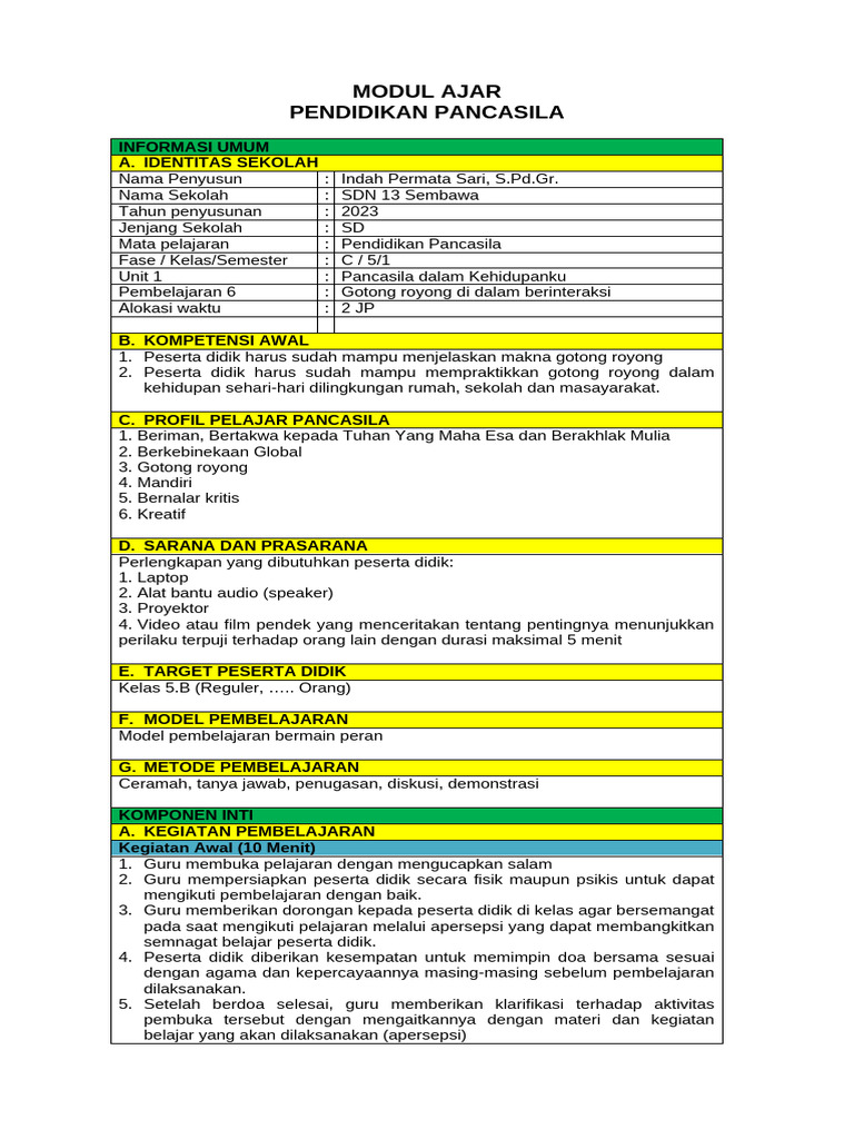Modul Ajar Pancasila Kelas 5 SD | PDF