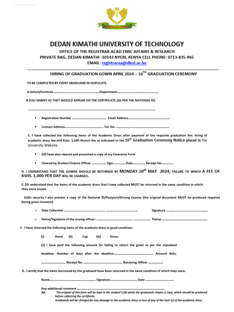 Gown Hire Form For The 16th Graduation Ceremony April 2024 | PDF
