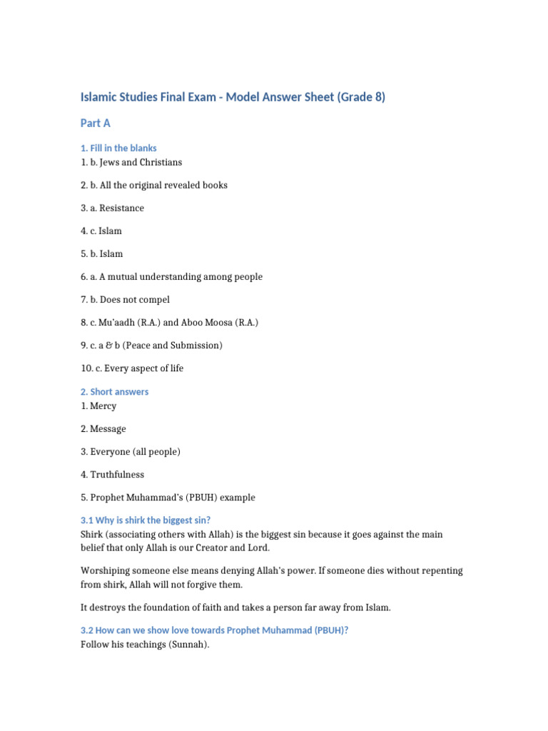 Grade 8 Islamic Studies Answer Key | PDF | Muhammad | Religious Faiths