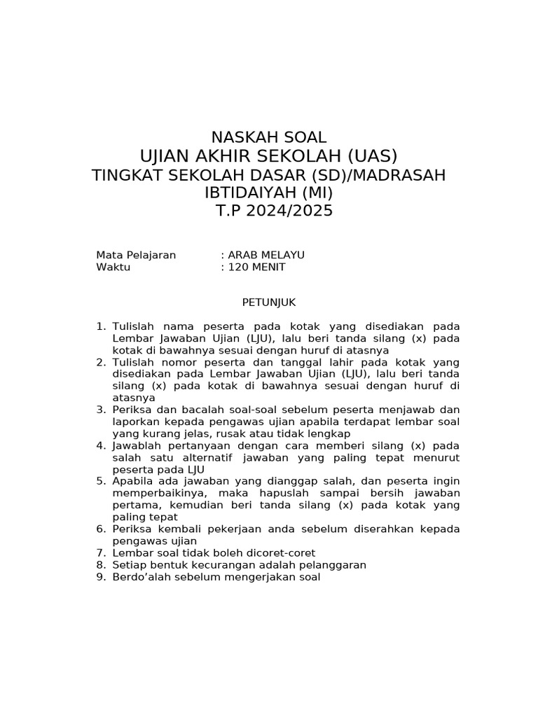 Soal Uas Arab Melayu Kelas 6 - Compress | PDF