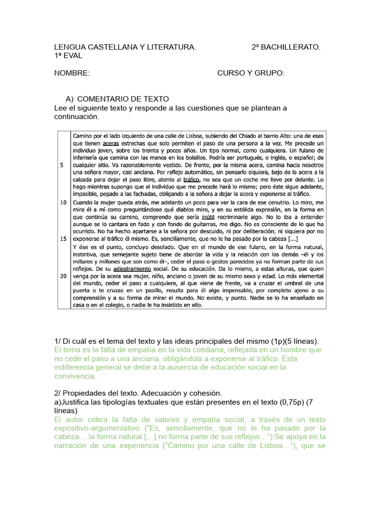 Modelo Examen 2º Bach 1 Eval | PDF | Oración (Lingüística) | Mecánica del lenguaje