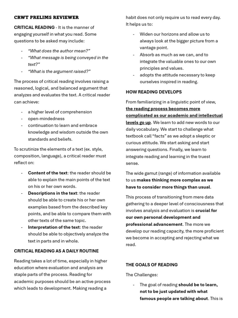 Critical Reading and Writing | PDF | Reading Comprehension | Speed Reading