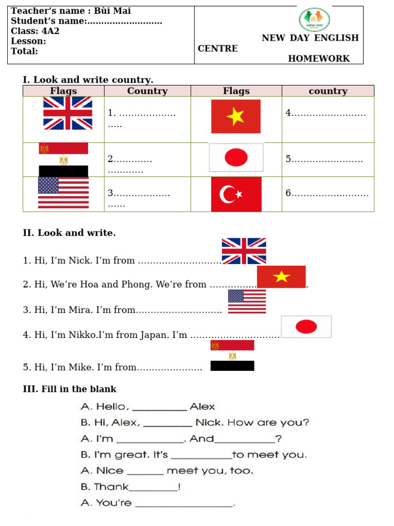 Country and English Homework Worksheet | PDF