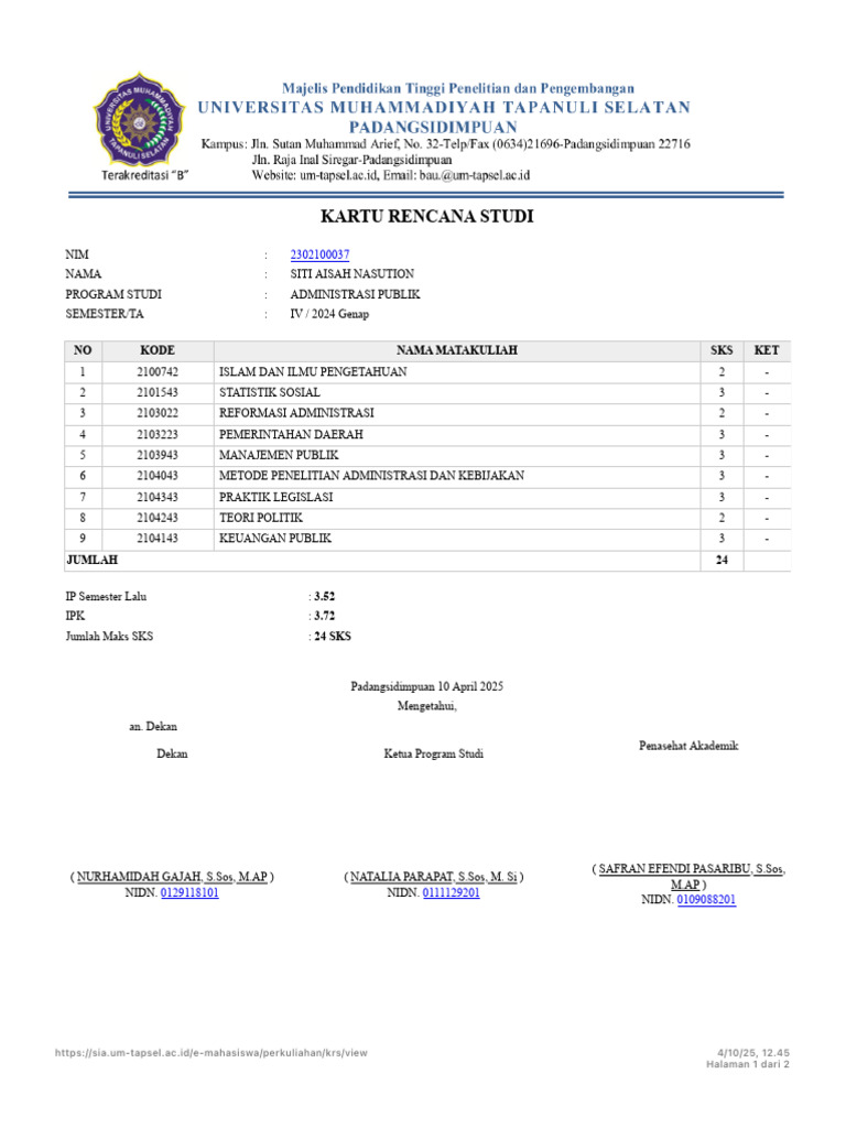 KRS Pengajuan KRS (Kartu Rencana Studi) | PDF