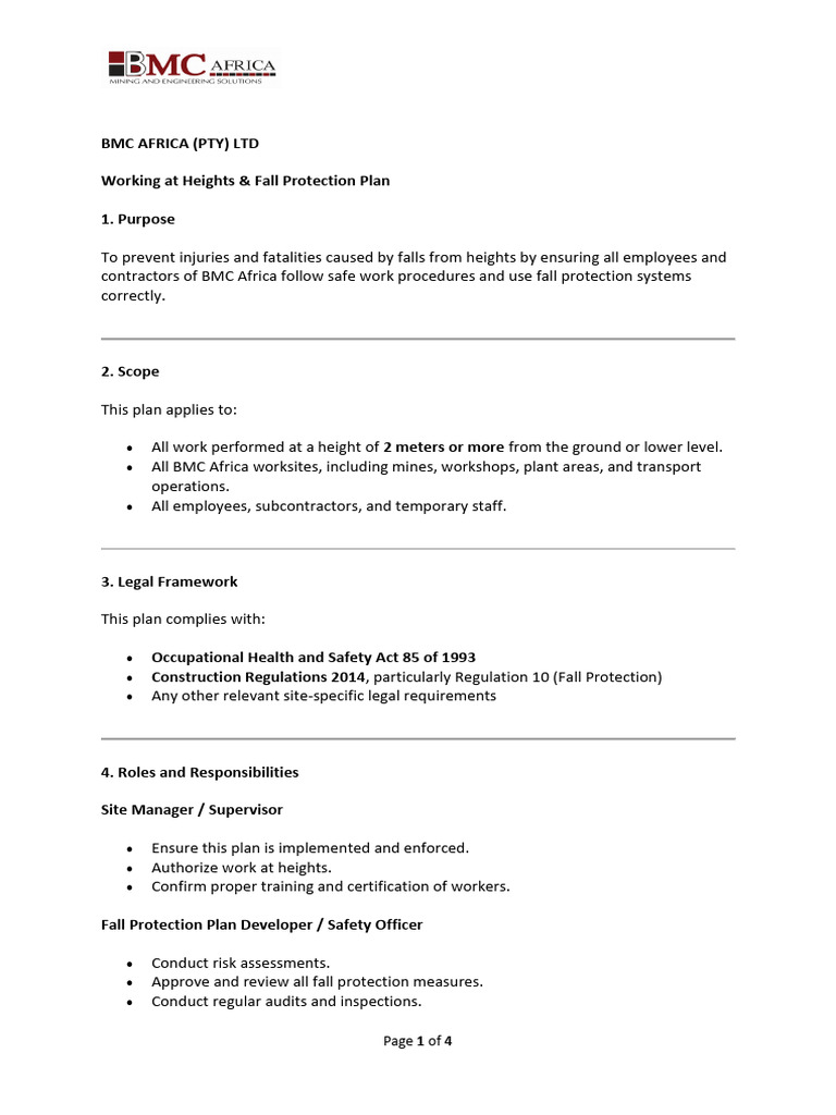Fall Protection Plan for BMC Africa | PDF | Labor Relations | Workplace