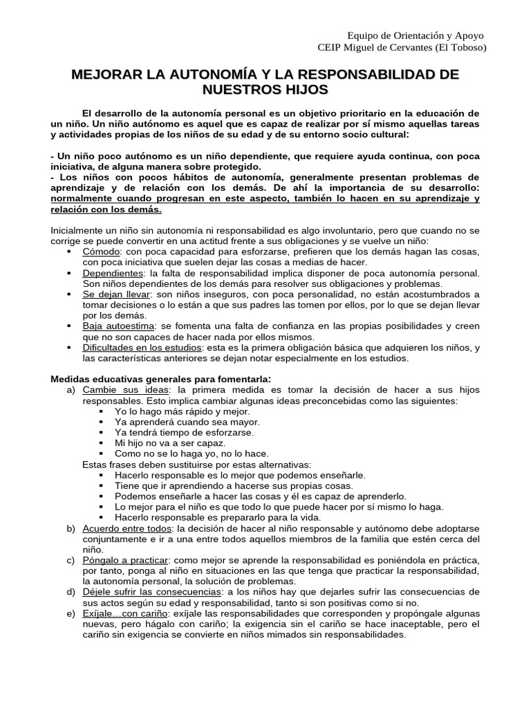 PAUTAS MEJORAR AUTONOMÍA 5-6 Años | PDF | Aprendizaje | Ciencias del ...