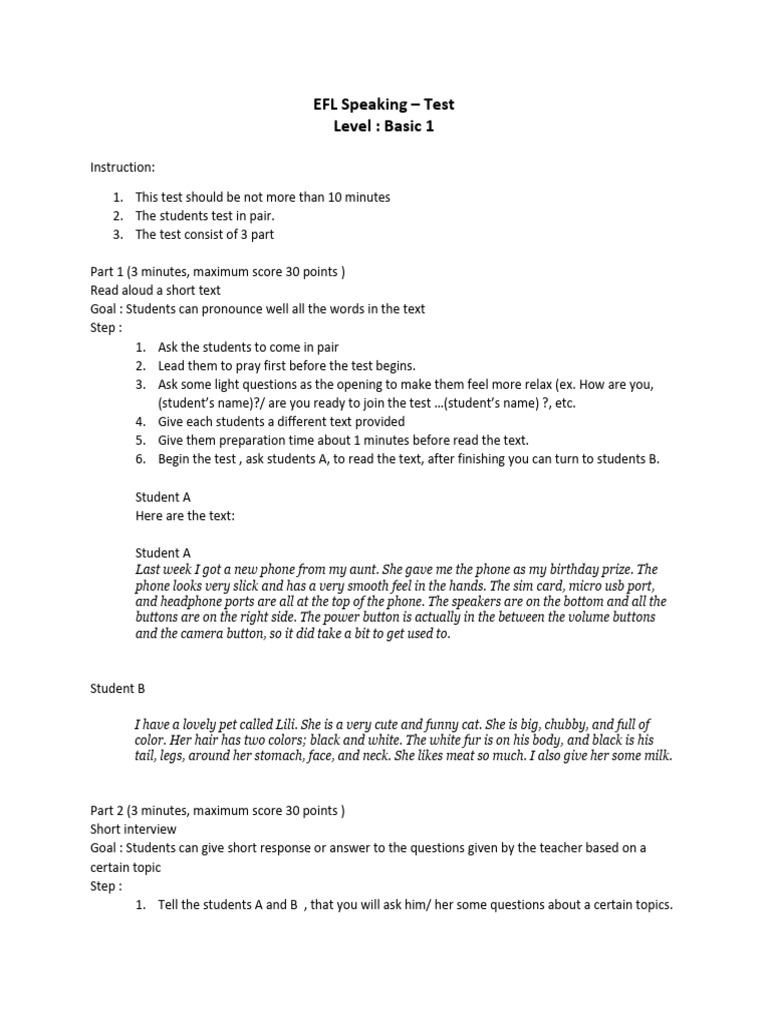 EFL Speaking Test Basic 1 | PDF