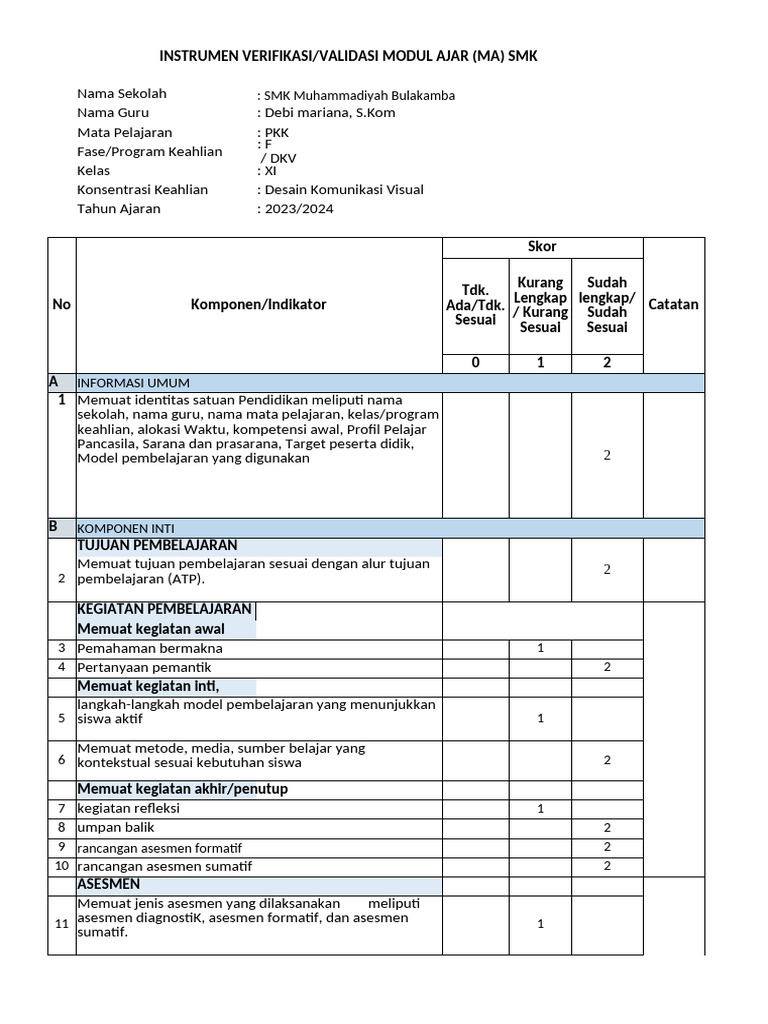 Instrumen - Modul Ajar - Pkk.xi DKV - DB | PDF
