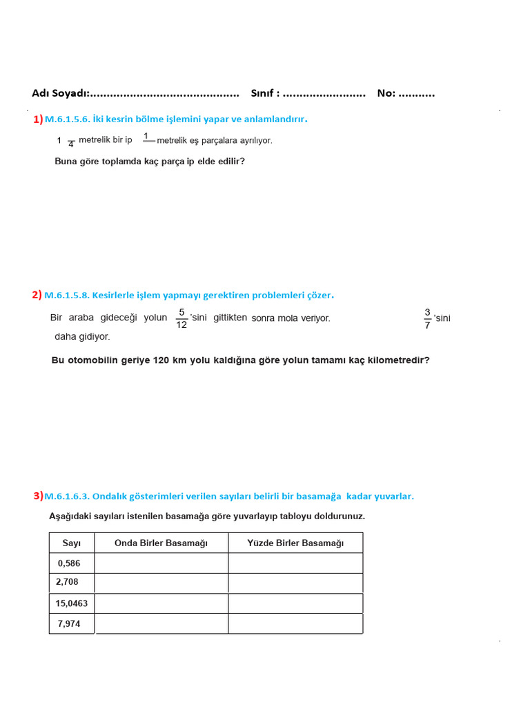 6. SINIF MATEMATIK 2. DONEM 1. YAZILI ORNEK (1) | PDF