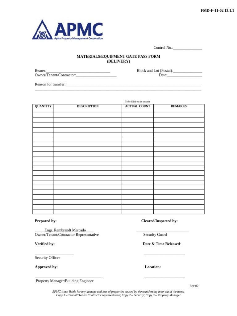 FMD-F-11!02!13!1!1 Gate Pass Delivery | PDF