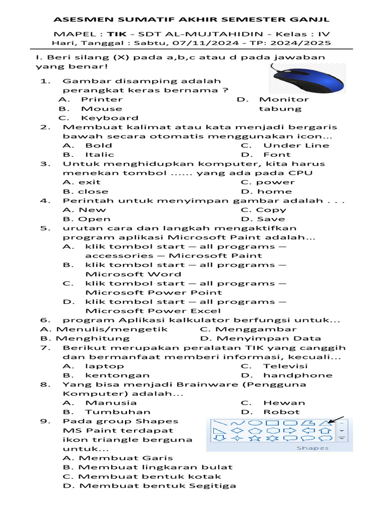 Soal TIK kelas 4 SDT Al-Mujtahidin | PDF