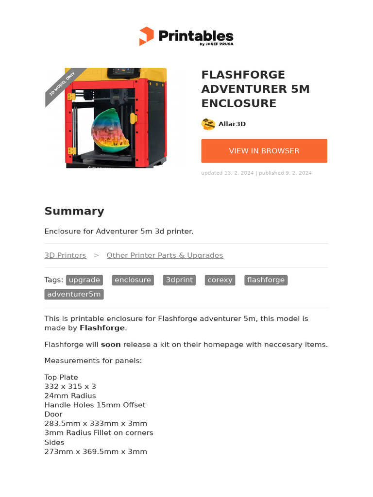 Flashforge Adventurer 5m Enclosure | PDF