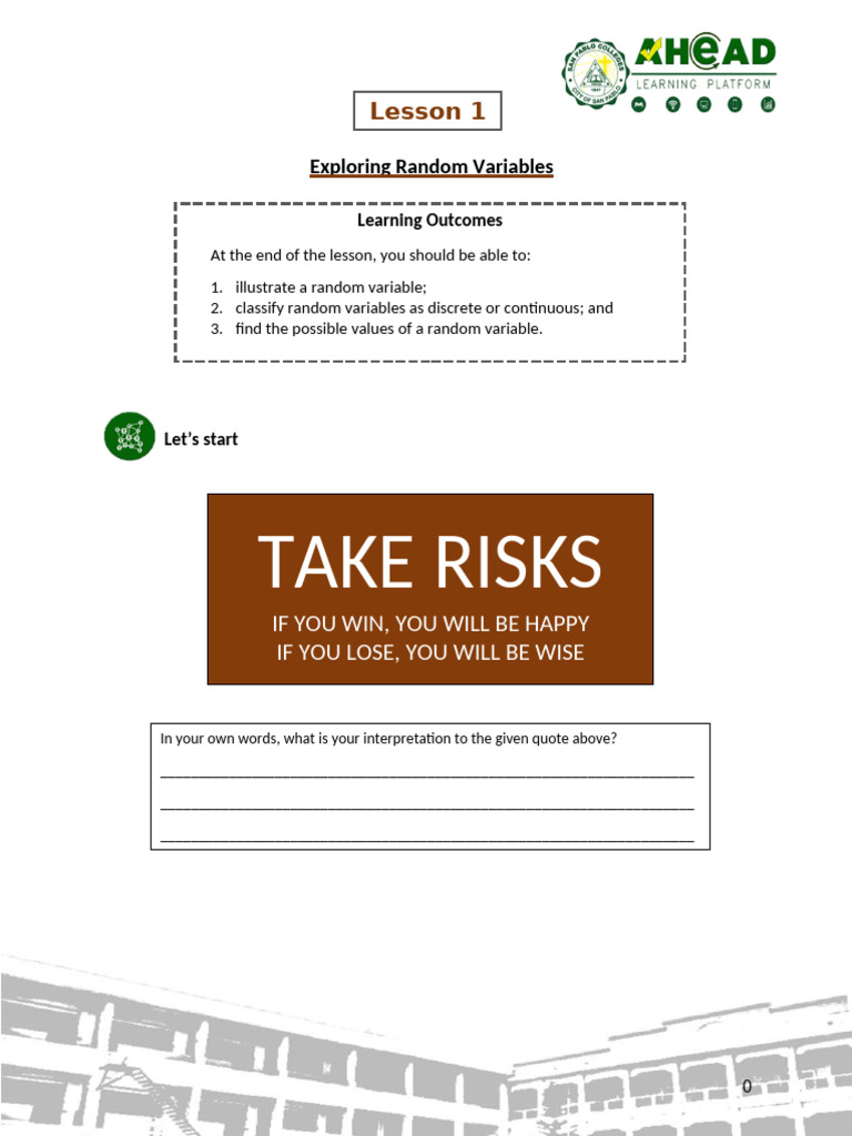 Statistics & Probability - Lesson 1 | PDF | Random Variable | Probability Distribution