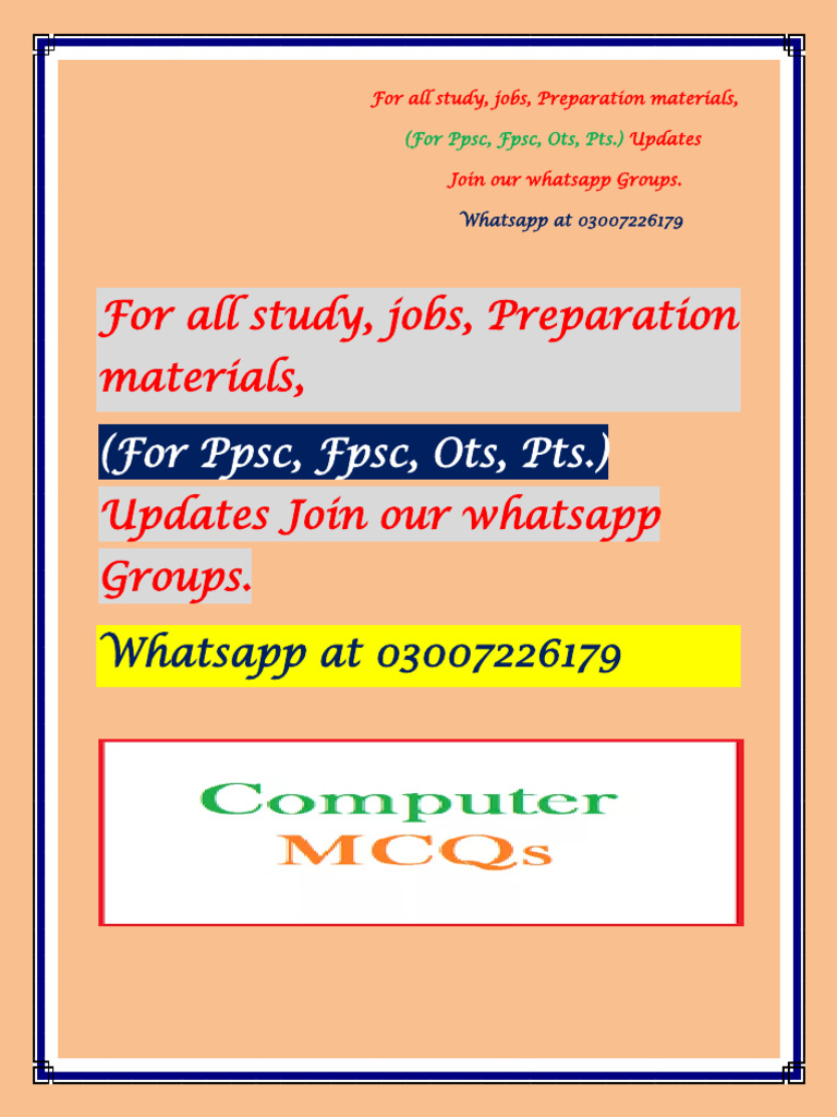 Computer Solved MCQs For PPSC FPSC PTS CSS NTS Other Jobs Exams | PDF | Microsoft Word | Window ...
