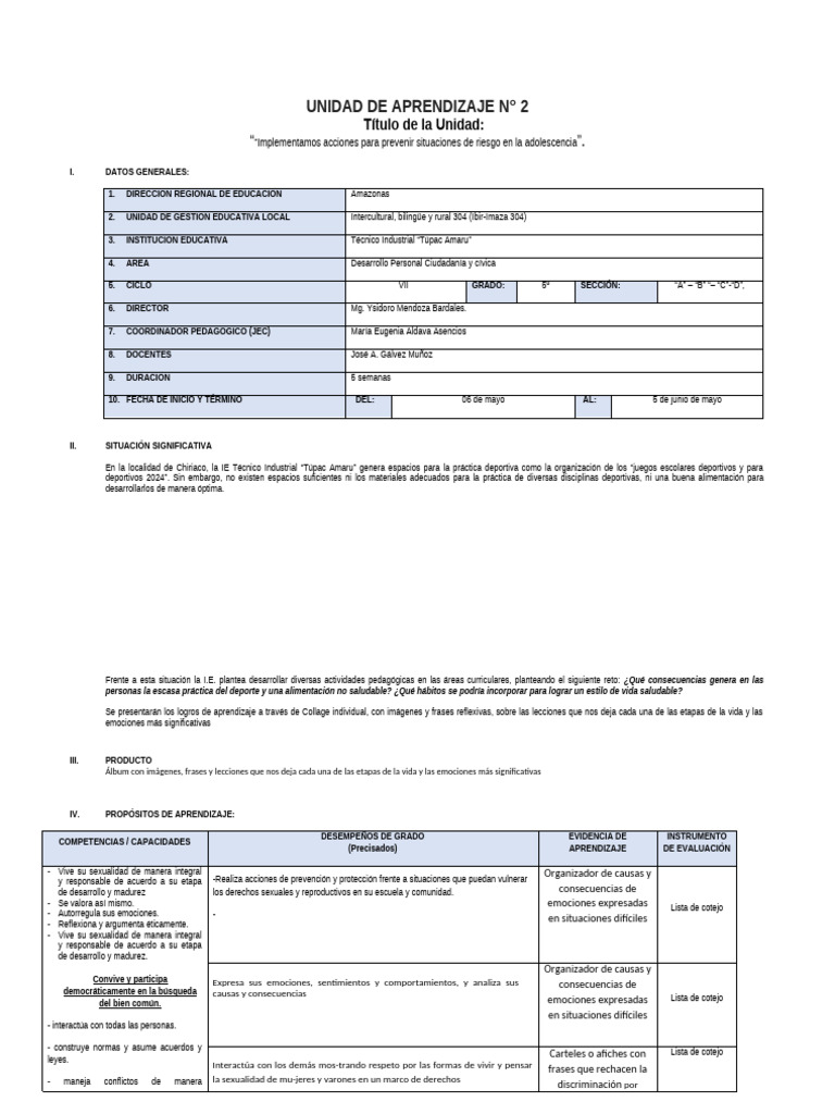 Unidad de Aprendizaje N.2 DPC 5to | PDF | Evaluación | Aprendizaje