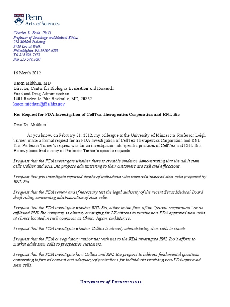Bosk Letter to FDA Letter | Food And Drug Administration | Medicine