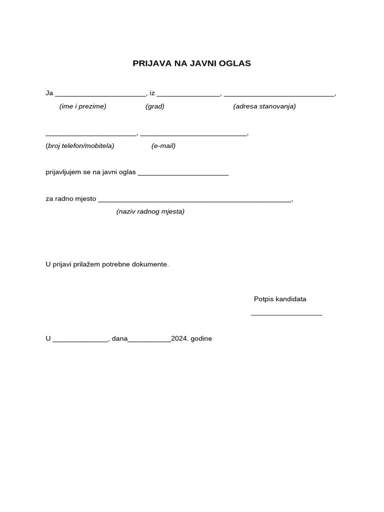 Obrazac Prijave Na Javni Oglas | PDF