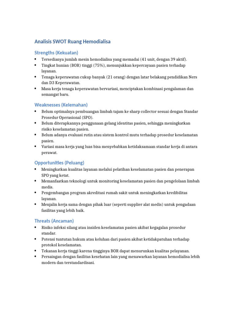 Analisis SWOT Hemodialisa: Kekuatan & Tantangan | PDF