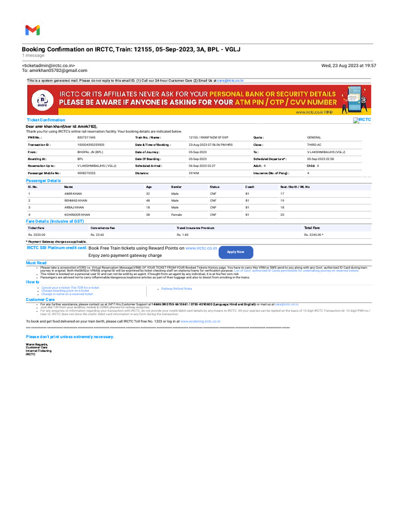 Gmail - Booking Confirmation On IRCTC, Train - 12155, 05-Sep-2023, 3A ...