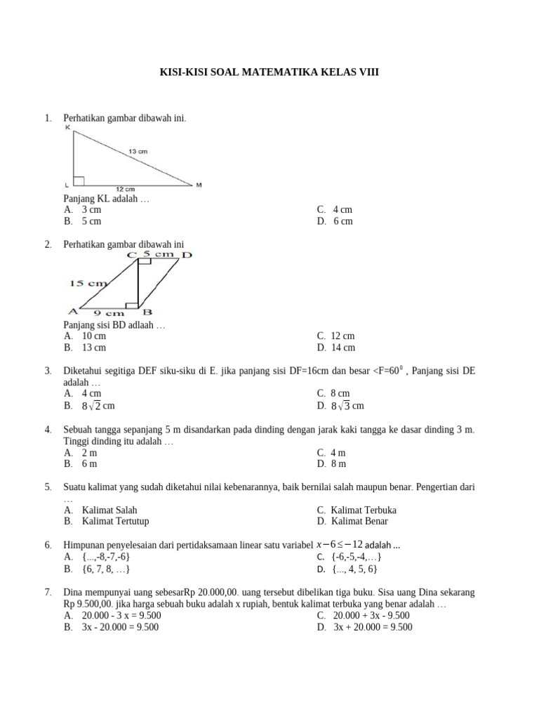 Kisi - Kisi Soal Matematika Kelas 8 | PDF