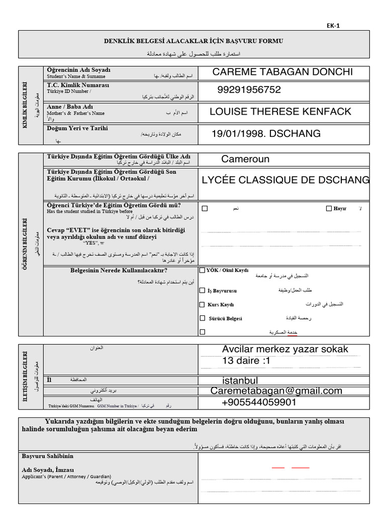 Denklik - Belgesi - Basvuru - Formu (1) - Modifié | PDF
