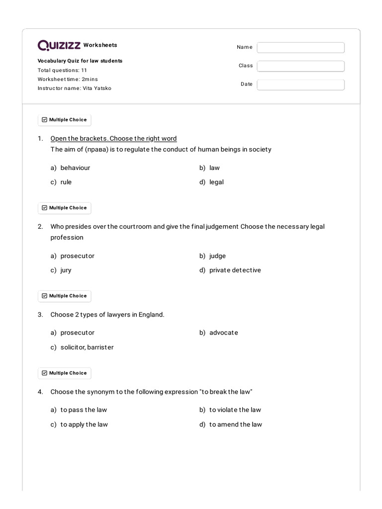 + Vocabulary Quiz For Law Students - Quizizz | PDF | Prosecutor | Crimes
